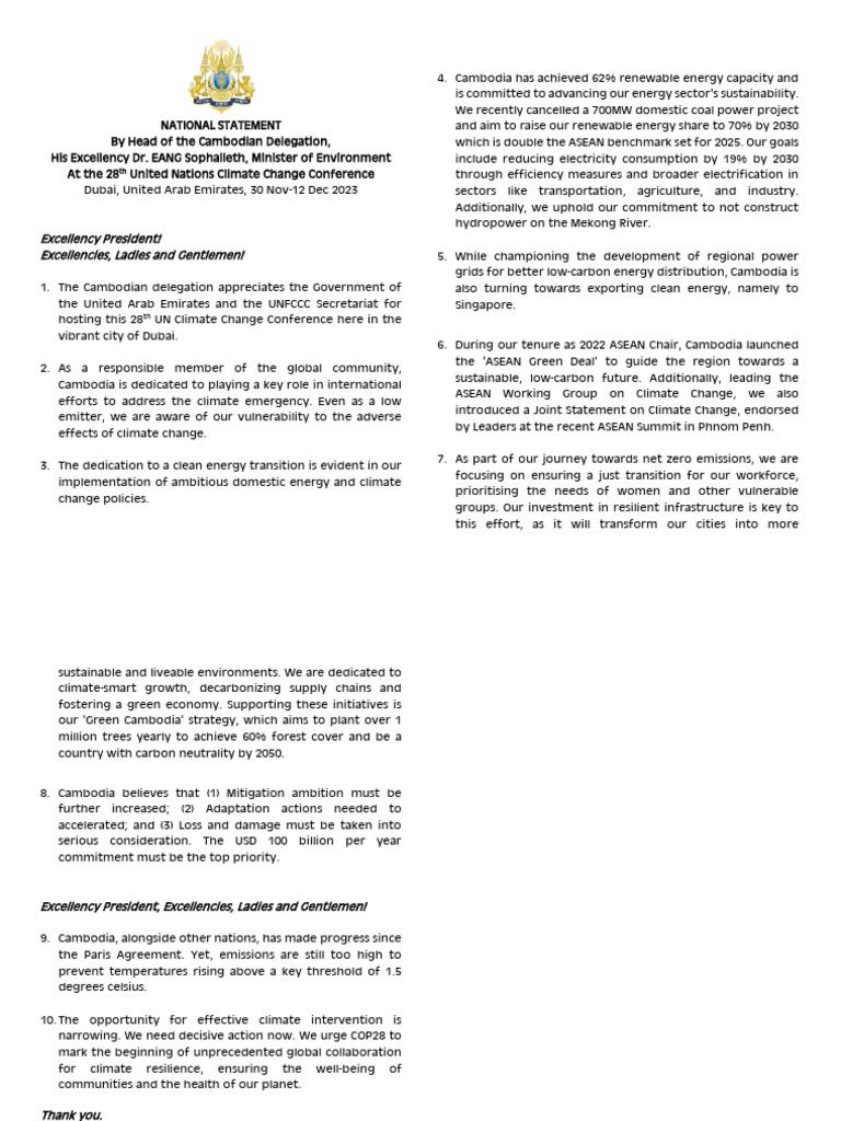 COP28 National Statement 30112023 | PDF | Climate Change Mitigation ...