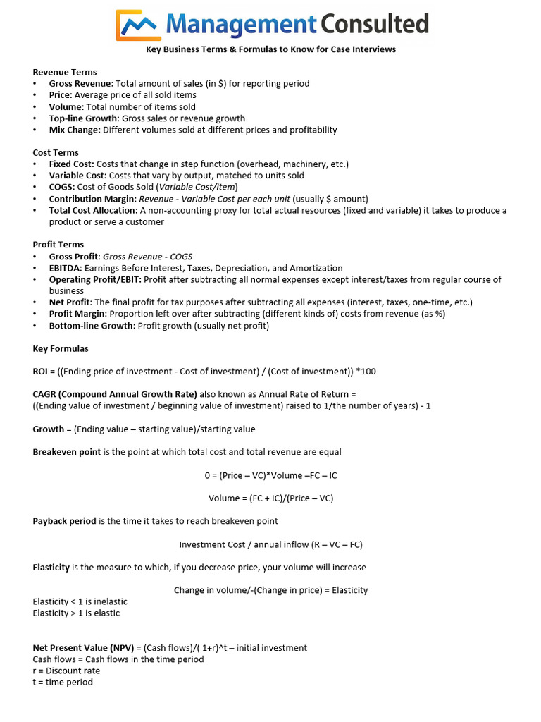 Key MC Formulas for Case Interviews | PDF