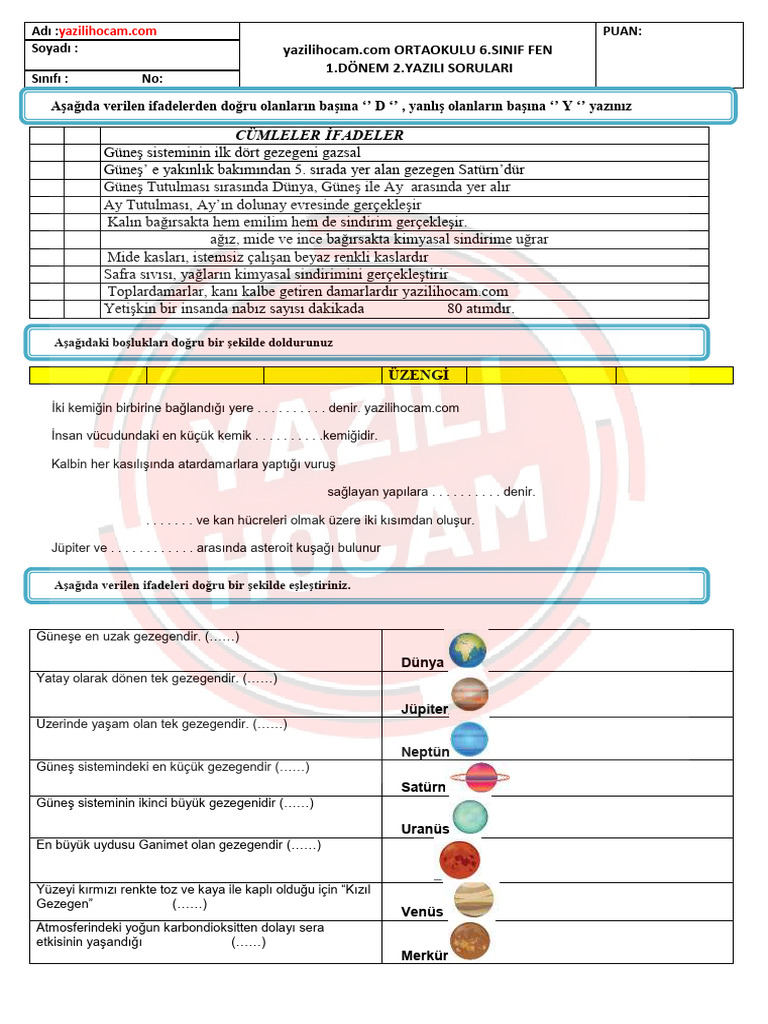 6.sinif Fen 1.dönem 2.yazili Sorulari - 2 | PDF