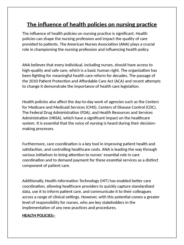 The Influence of Health Policies On Nursing Practice | PDF | Health ...