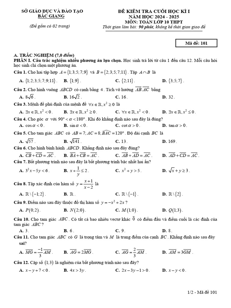 De Kiem Tra Cuoi Hoc Ki 1 Toan 10 Nam 2024 2025 So GDDT Bac Giang | PDF