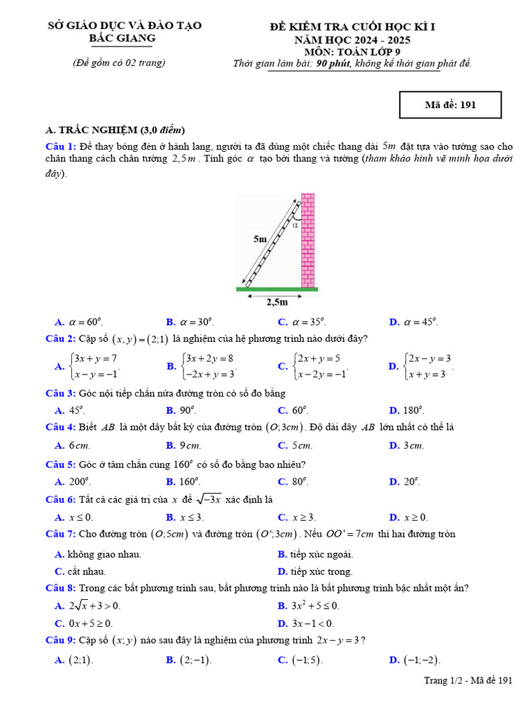 De Kiem Tra Cuoi Hoc Ki 1 Toan 9 Nam 2024 2025 So GDDT Bac Giang | PDF