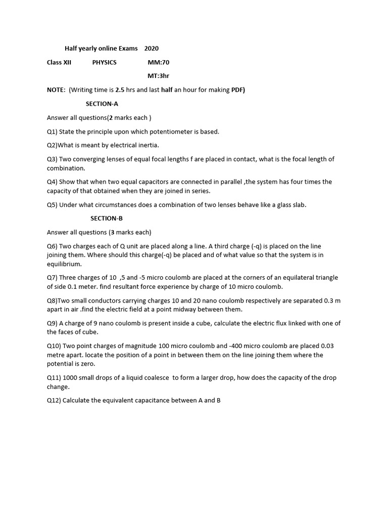 Half yearly exam class xii PHYSICS | PDF | Inductor | Electricity