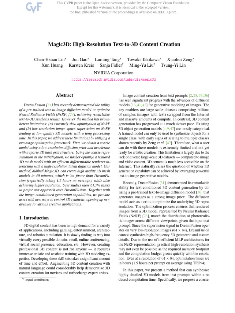 (CVPR)Lin Magic3D High-Resolution Text-To-3D Content Creation CVPR 2023 Paper | PDF | 3 D ...