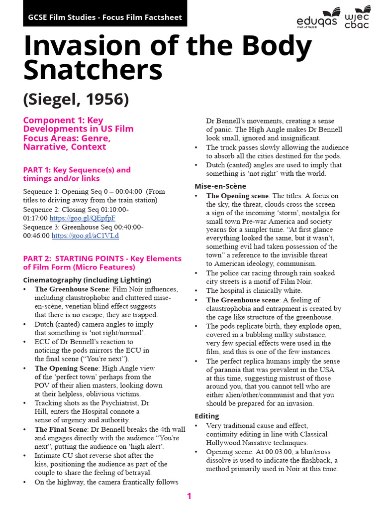 Invasion of the Body Snatchers Analysis | PDF | Film Noir