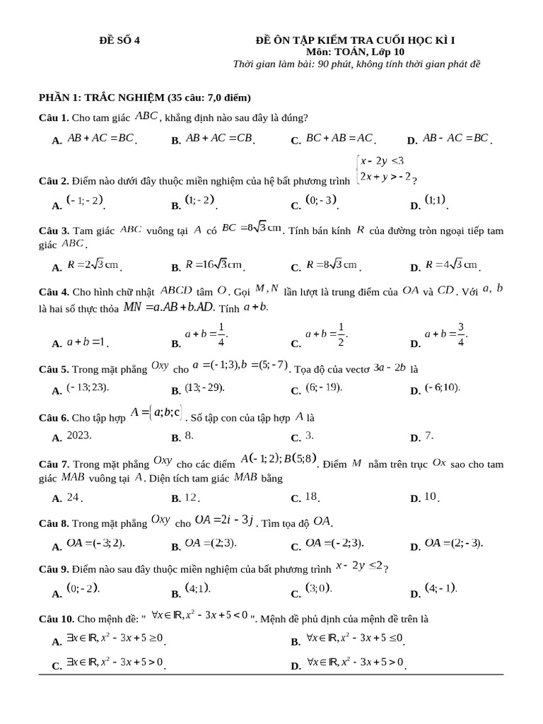 Toán 10-Ck1- Đề Số 4 | PDF