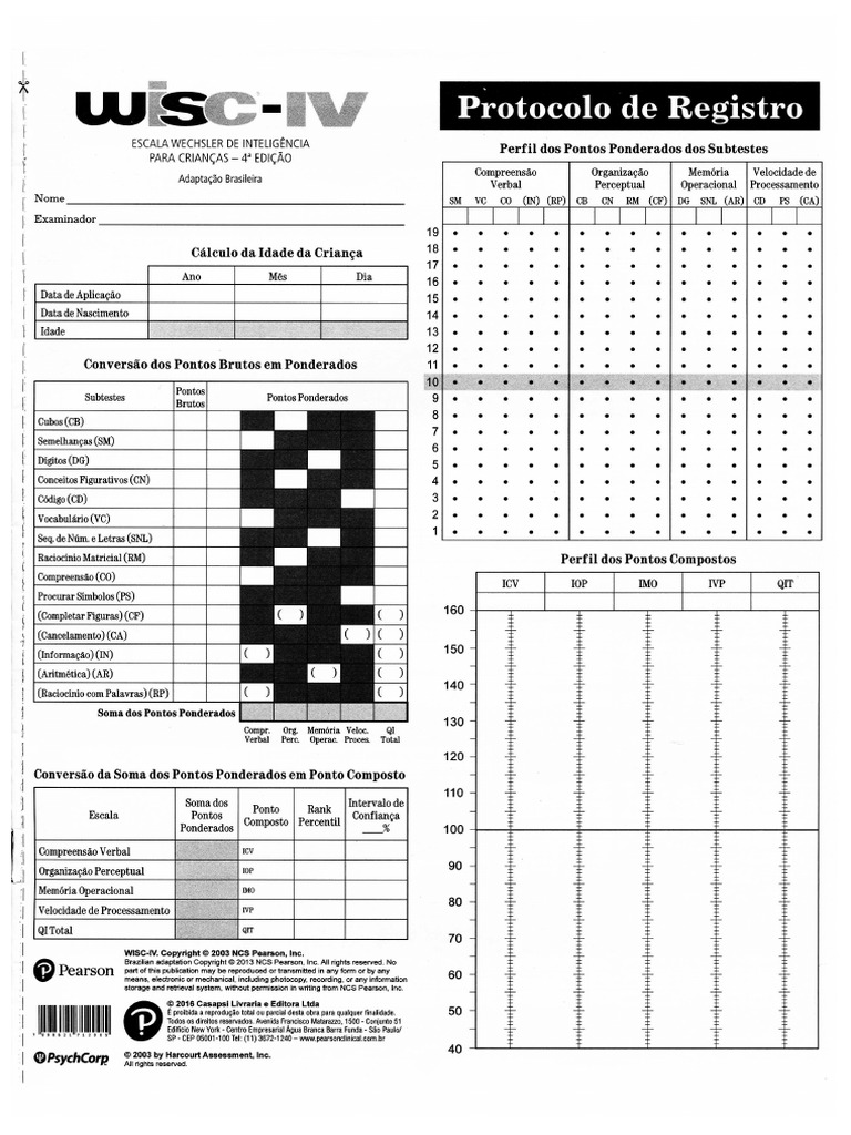 WISC - IV - Protocolo - PB - 16 Paginas | PDF