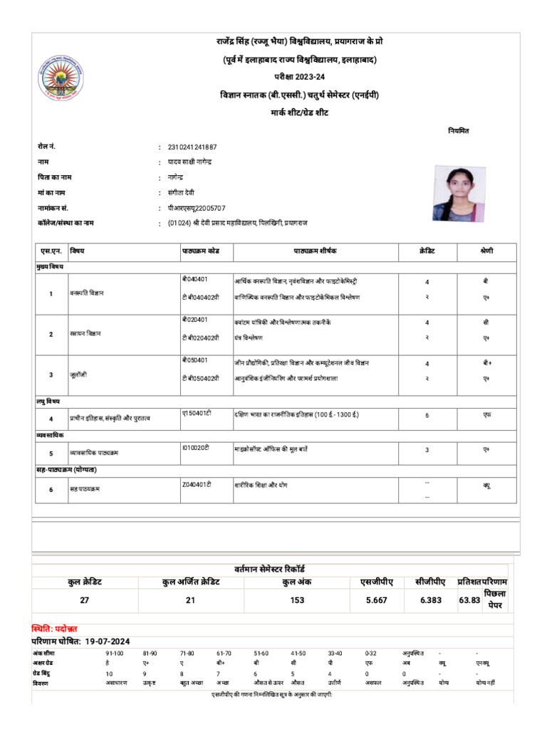 Sakshi Marksheet BSC IV Sam | PDF