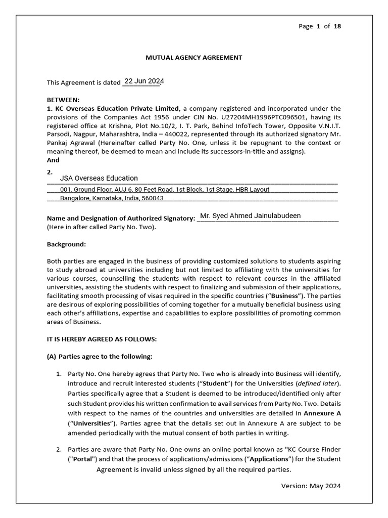 KC Overseas Mutual Agency Agreement | PDF | Cost Of Living | Indemnity