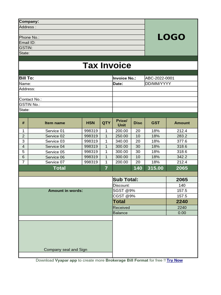 Brokerage Bill Format 1 | PDF