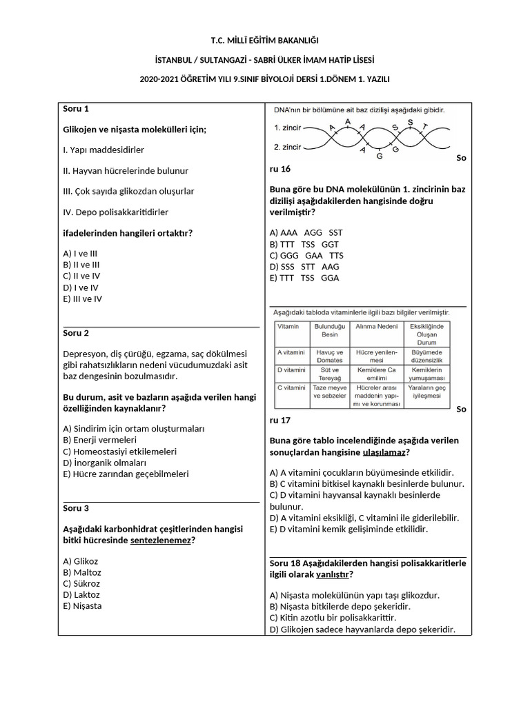 9.Sinif-Biyoloji-1.-Donem-1.-Yazili-Sorulari- | PDF