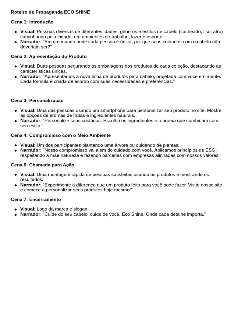 Roteiro de Propaganda ECO SHINE | PDF
