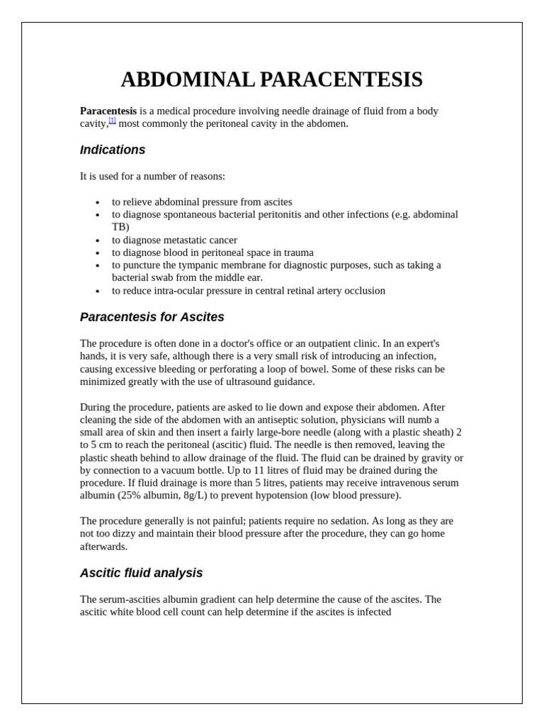 ABDOMINAL PARACENTESIS | PDF | Diseases And Disorders | Medical Specialties