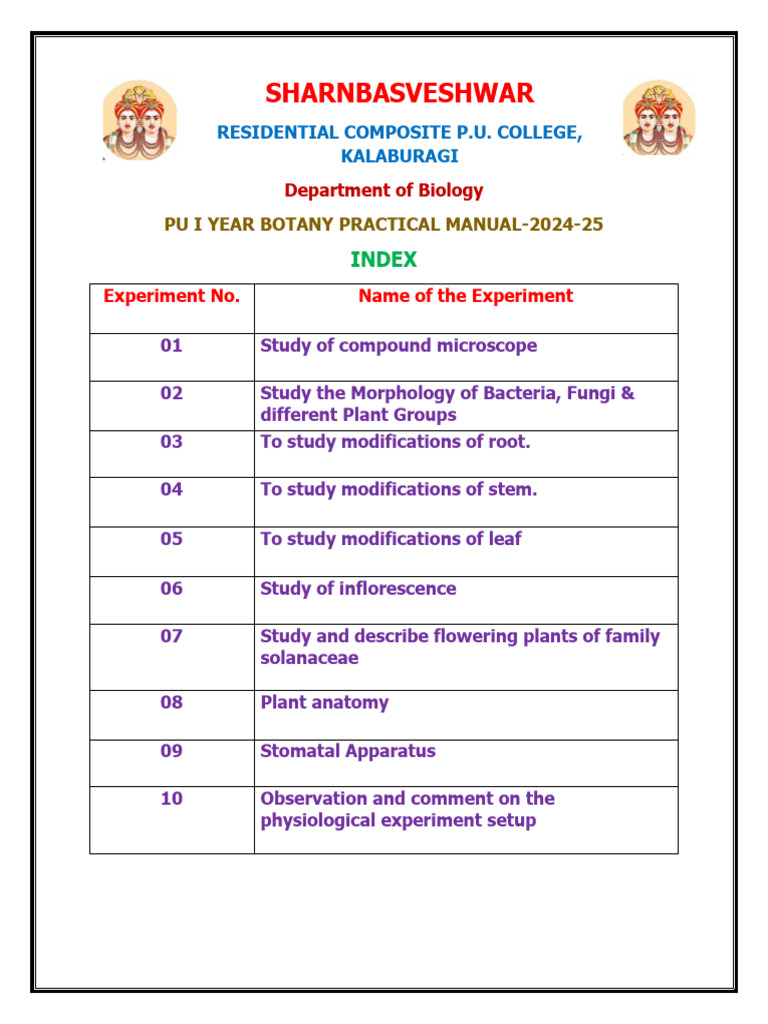 PU I YEAR Botany Practical MANUAL 2024 | PDF | Branches Of Botany ...
