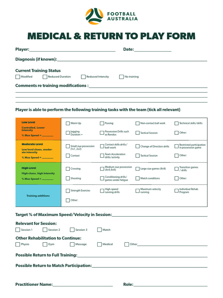 Football Australia RTP Medical Form - 2023 | PDF