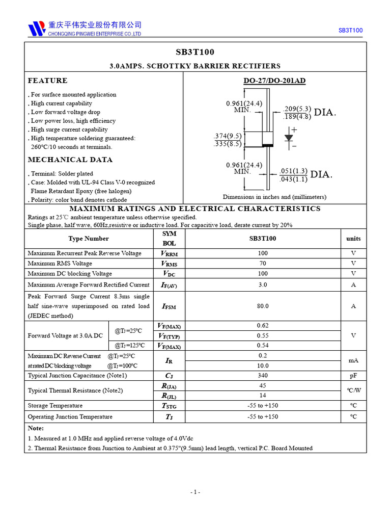 SB3T100 3.0 Amps Schottky Barrier Rectifiers | PDF | Rectifier | Capacitor