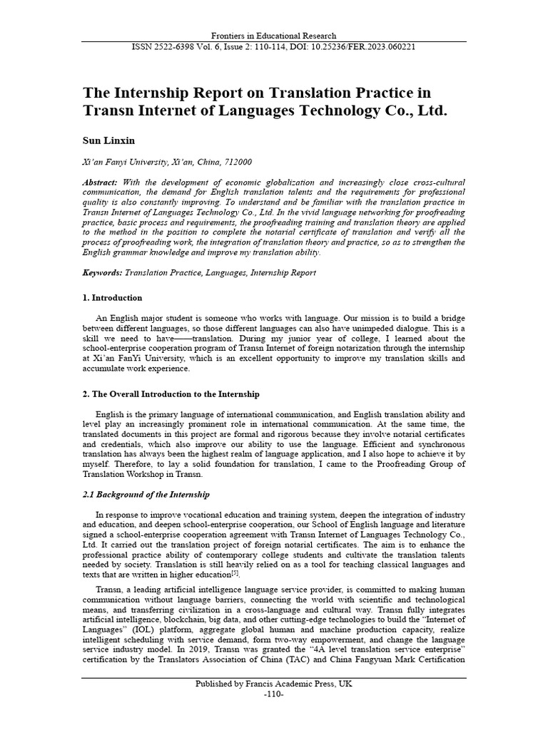 Internship Report on Translation Practice | PDF | Translations | Grammar