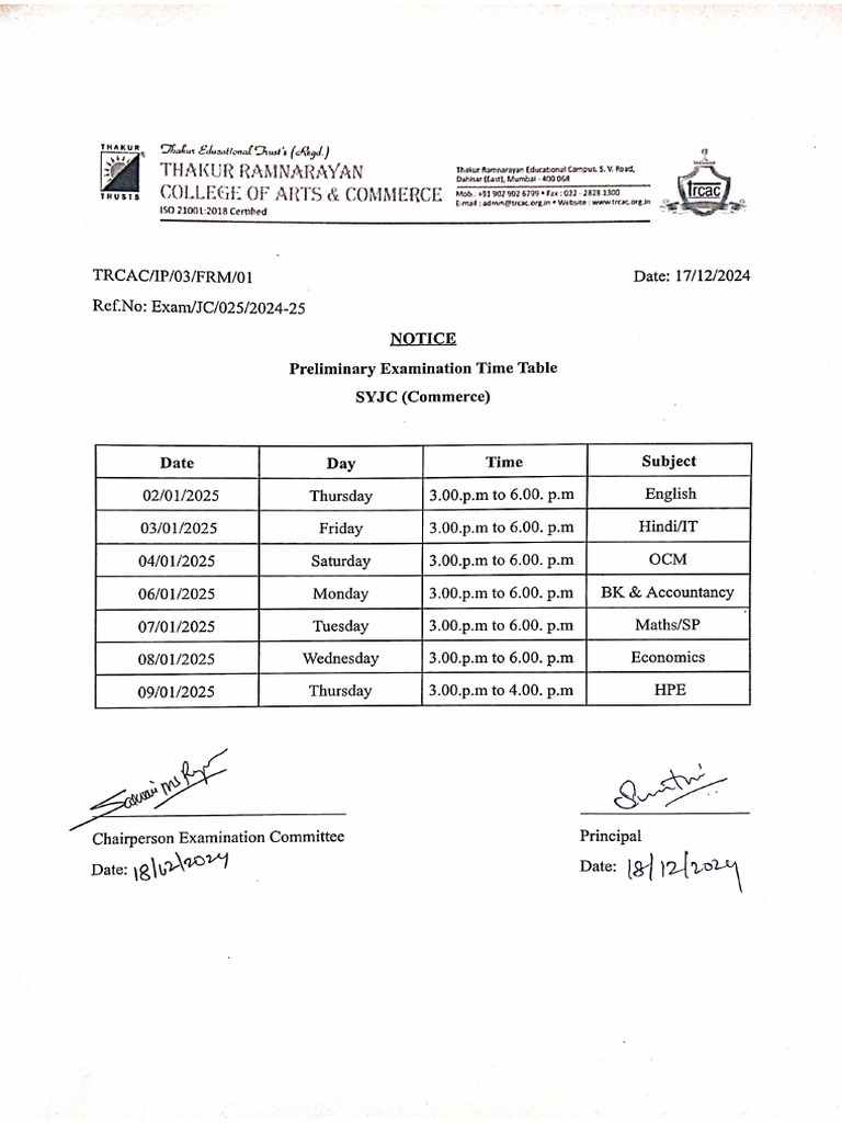 SYJC PRELIMINARY EXAM Time Table (Commerce) | PDF