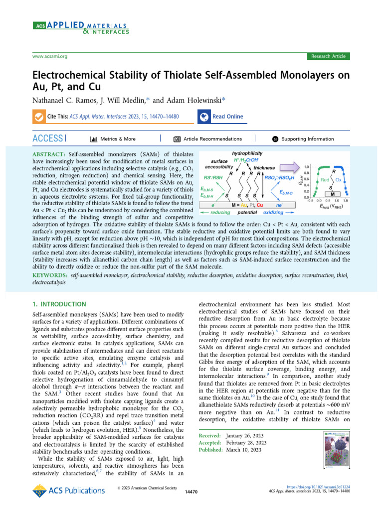 Ramos Et Al 2023 Electrochemical Stability of Thiolate Self Assembled | PDF | Redox | Ph