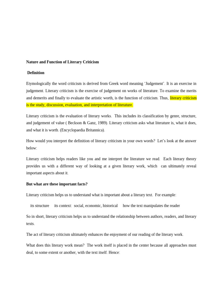 Understanding Literary Criticism Functions | PDF | Literary Criticism ...