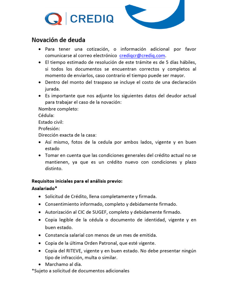 Requisitos Novación de Deuda CrediQ | PDF | Documento de identidad | Bancos