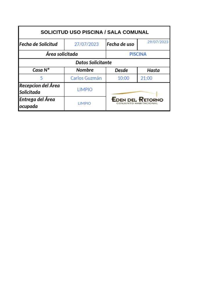 Formato Solicitud Piscina y Salón Comunal Carlos Guzman | PDF