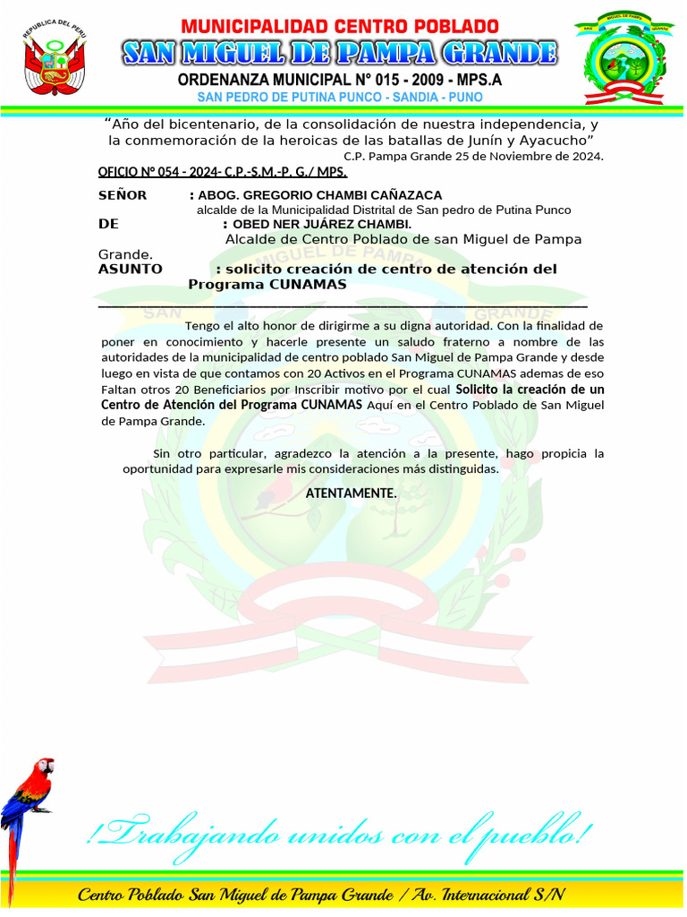 OFICIO N°54 solicitud de CREACION DE CUNAMAS | PDF OFICIO N°54 solicitud de CREACION DE CUNAMAS | PDF