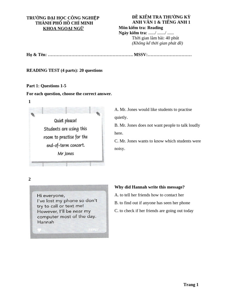 English 1_Sample Reading Test | PDF