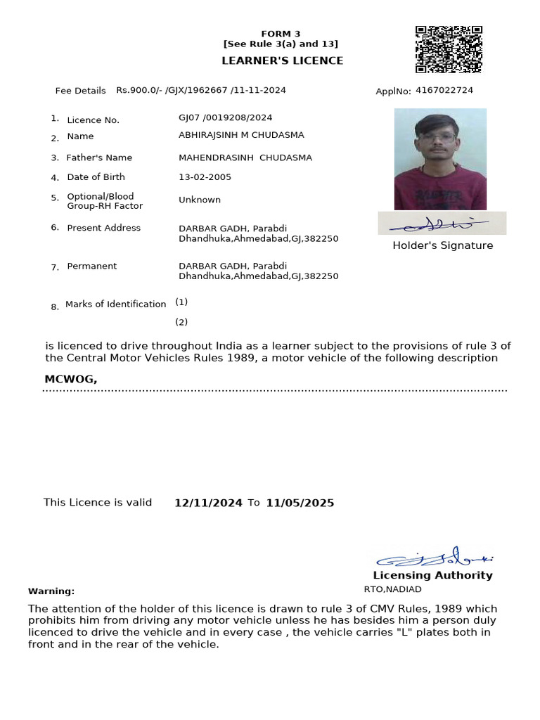 Learner'S Licence: Form 3 (See Rule 3 (A) and 13) | PDF