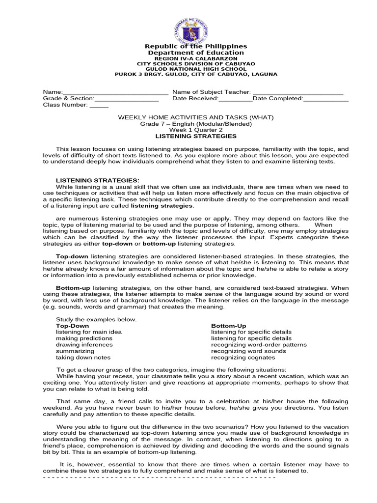 Eng7 Q2W1 Activity Sheet | PDF | Reading Comprehension | Neuroscience