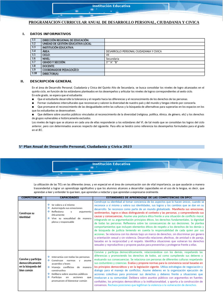Programacion Anual DPCC 5° Año 2023 | PDF | La sexualidad humana | Sociedad