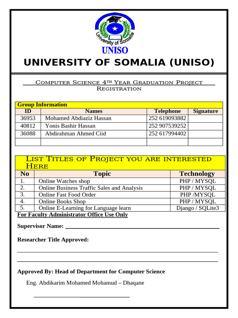 UNISO CS Graduation Project Reg. | PDF