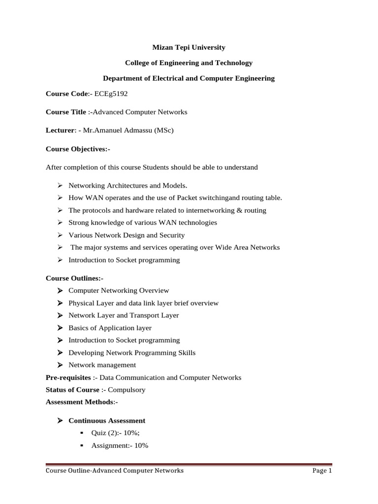 Advanced Computer Networks-Course Outlines | PDF