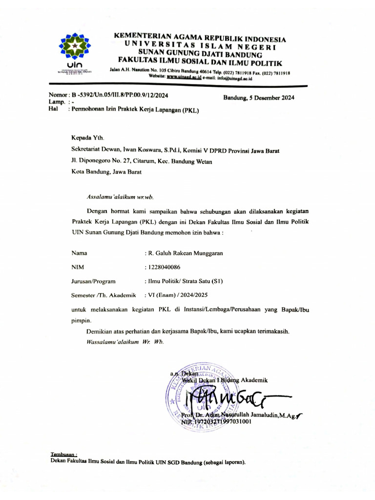 Surat Permohonan PKL - R. Galuh Rakean Munggaran | PDF