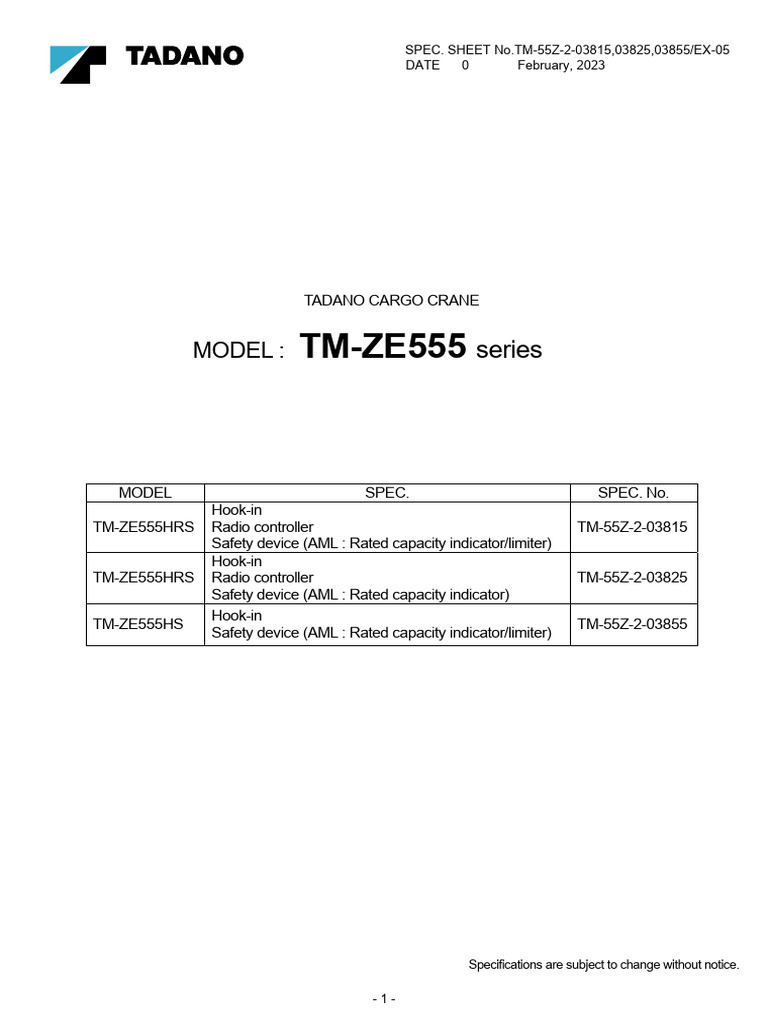 TADANO TM-ZE555 Cargo Crane Specs | PDF | Crane (Machine) | Truck