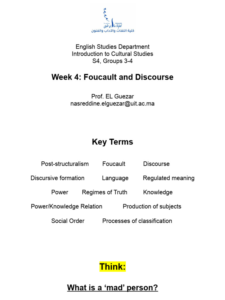 Cultural Studies: Foucault & Discourse | PDF | Discourse | Michel Foucault