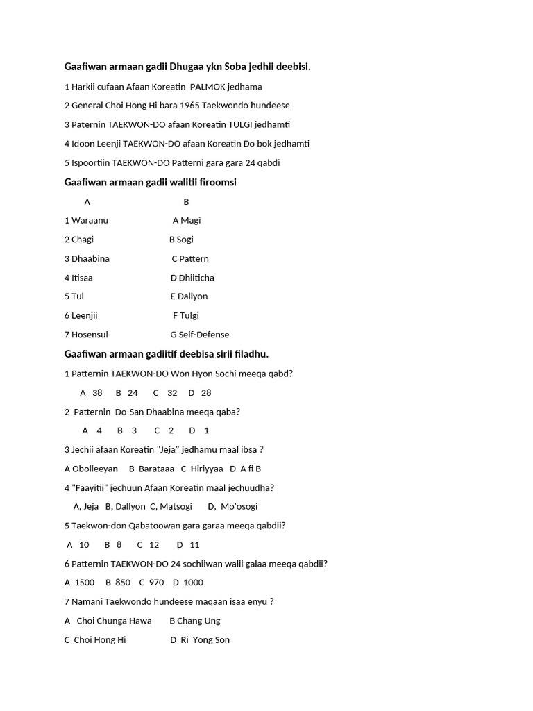 Taekwondo Quiz and Patterns Overview | PDF