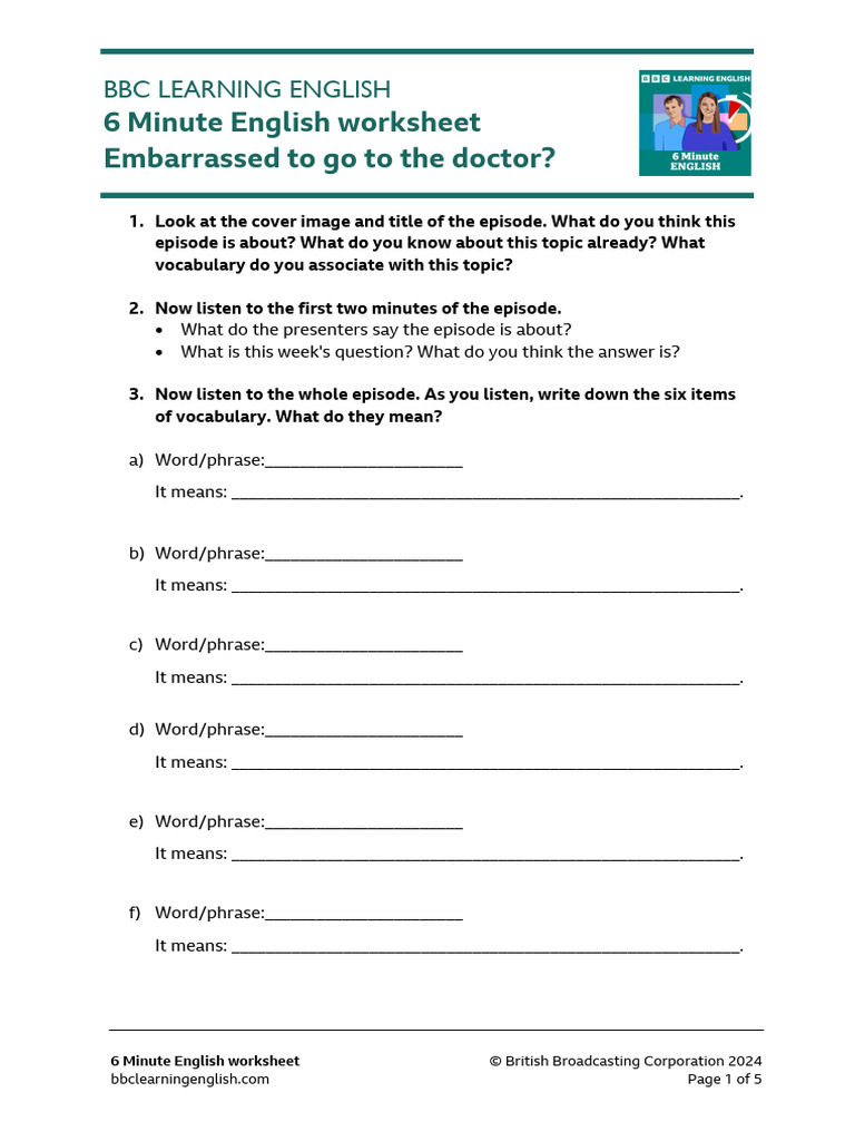 6 Minute English Embarrassed To Go To The Doctor Worksheet | PDF ...