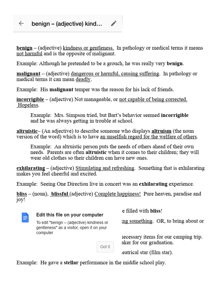 Benign - (Adjective) Kindness or Gentleness | PDF | Altruism | Adjective