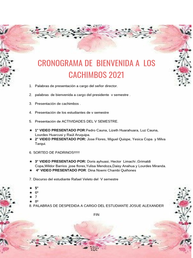 Cronograma Bienvenida Cachimbos 2021 | PDF