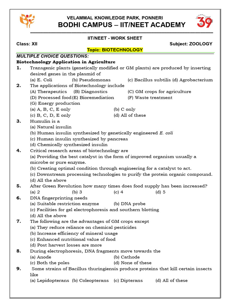 Biotechnology - Zoology - Neet Work Sheet | PDF | Genetically Modified ...