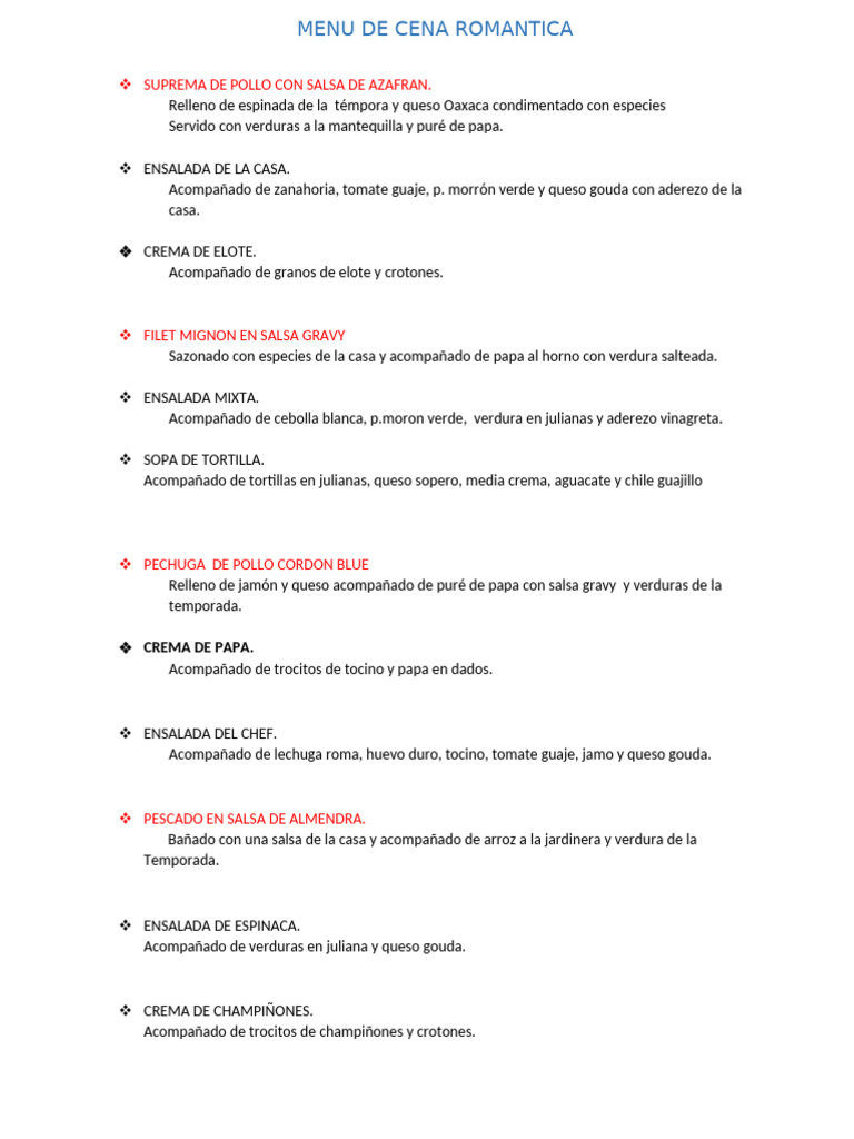 Menu de Cena Romantica | PDF | ensalada | Salsa