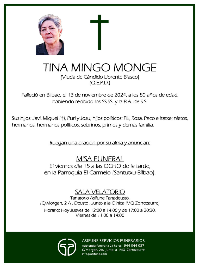 Fallecimiento de Tina Mingo Monge en Bilbao | PDF