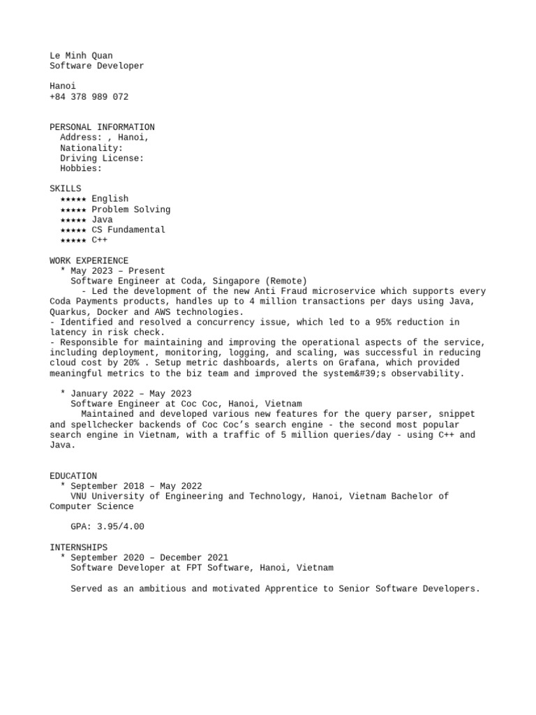 Le Minh Quan - Resume - Software Developer | PDF