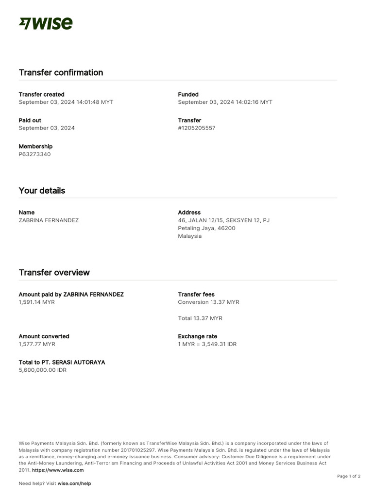 Wise Transaction Invoice Transfer 1205205557 3824372945 en | PDF ...
