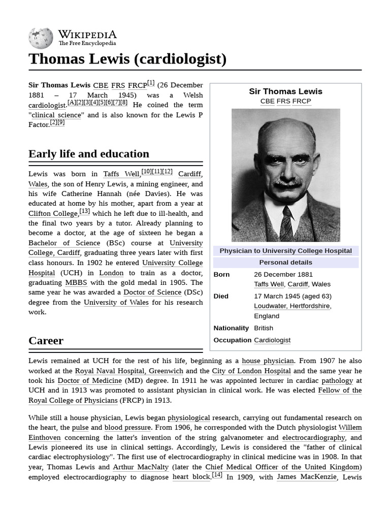 Sir Thomas Lewis: Pioneer of Cardiology | PDF | Cardiovascular System ...