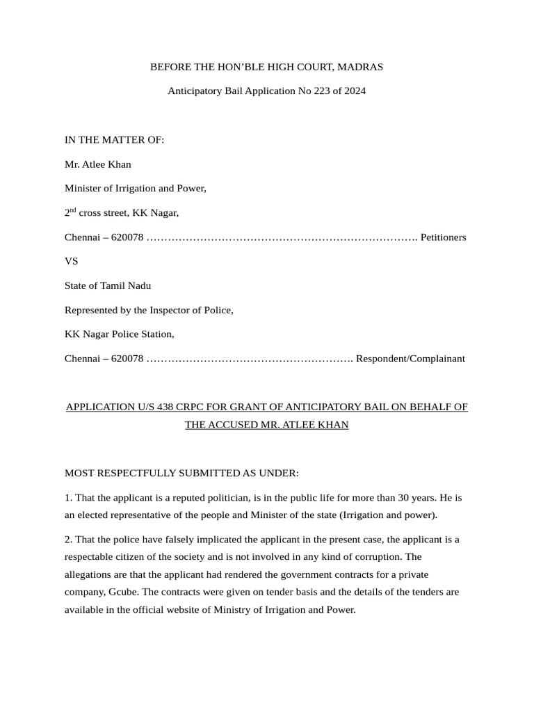 Anticipatory Bail Sample | PDF | Bail | Public Law