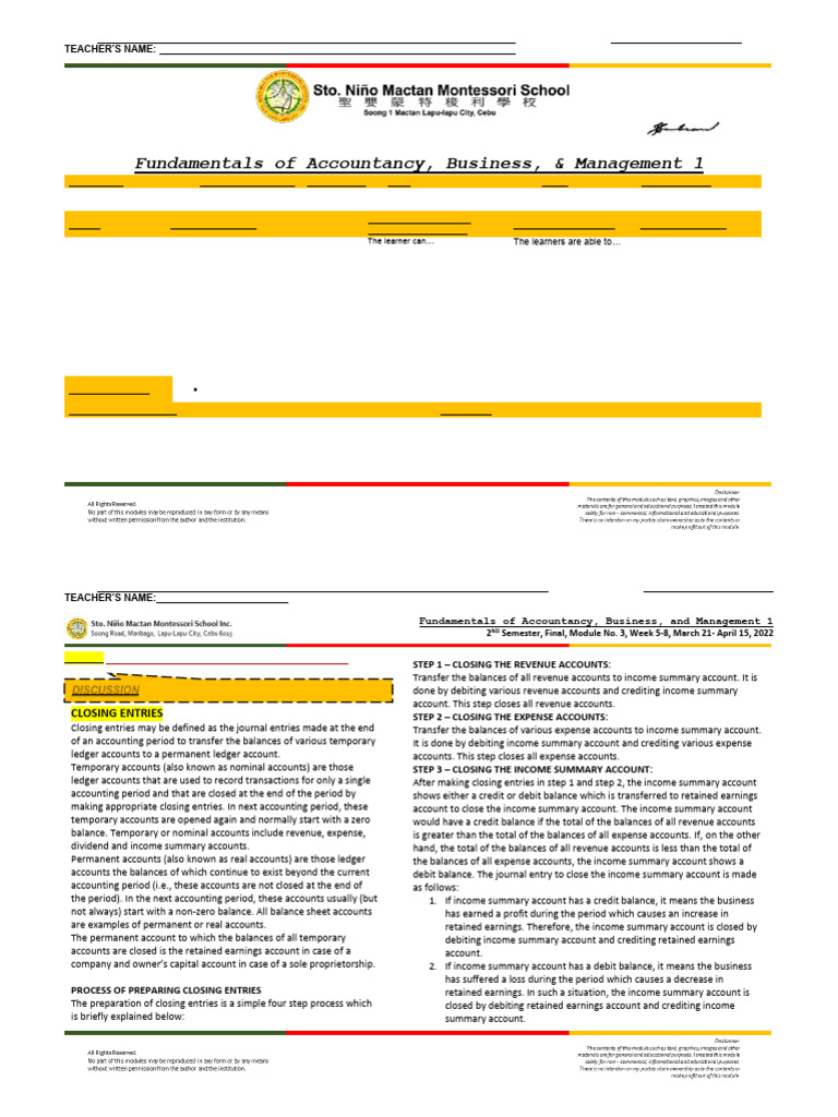 FABM1-F-W5-8-SY 21-22 | PDF | Debits And Credits | Retained Earnings