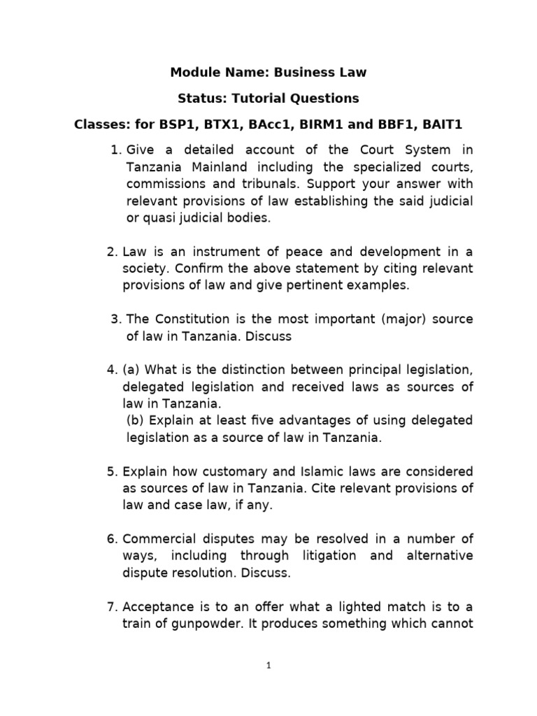 Tutorial Questions GSU 07103 2022, Business Law | PDF