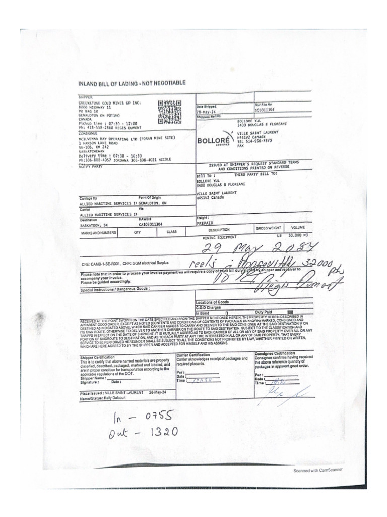 Inland Bill of Lading • Not Negotiable | PDF